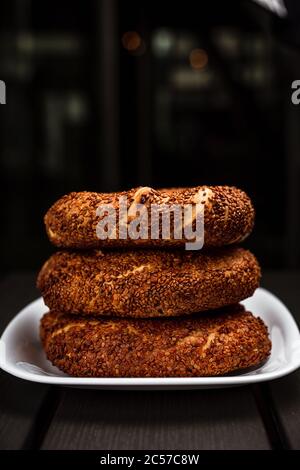 A stack of turkish simit with sesame seeds, macro Stock Photo - Alamy