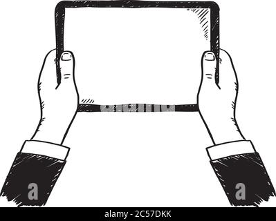 Tablet with hands vector illustration sketch drawing. Hand holding a ...