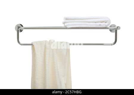 two towels hanging and lying on towel rail, and shelf, side view ...