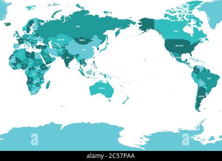 Blue and white Asia and Oceania centered world map. Flat vector ...