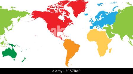 World Map Divided Into Six Continents Each Continent In