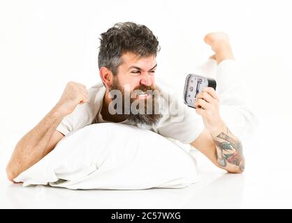 Hipster with beard and mustache awake because of alarm clock Stock ...