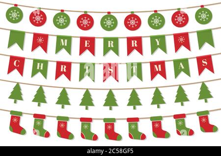 Merry Christmas text, flags decoration elements on winter hand drawn ...