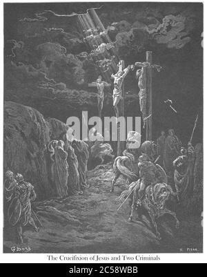 The Erection of the Cross, a wood engraving by Gustave Doré, from his ...