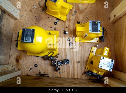 Radiation warning sign on the nameplate the mechanical container of ...