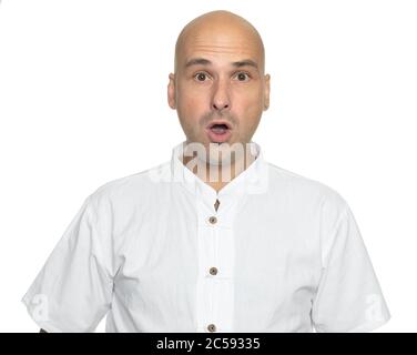 trendy surprised bald man isolated over white background Stock Photo ...