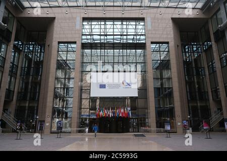 Brussels, Belgium. 1st July, 2020. A view of a banner inside the EU ...