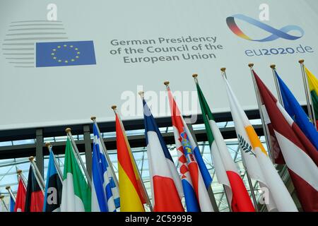 Brussels, Belgium. 1st July, 2020. A view of a banner inside the EU ...