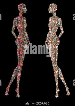 Stylized sketch of two ladies body contour decorated various patterns ...