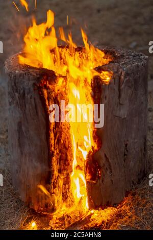 Vertical image of a burning log creating a fiery background Stock Photo ...