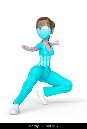 nurse cartoon doing a combat fighter pose in white background, 3d ...