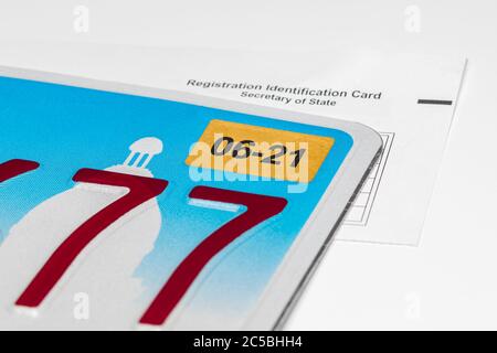 Vehicle license plate, renewal sticker and registration card. Concept ...