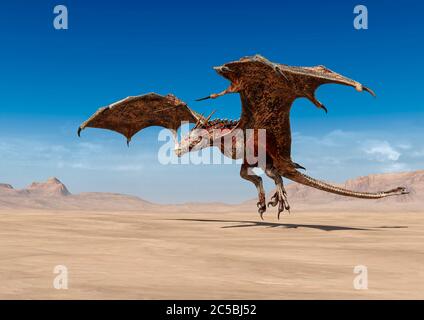 monster dragon on desert is taking off, 3d illustration Stock Photo - Alamy