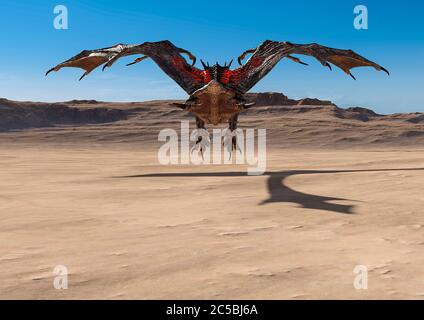 dragon is taking off on desert side view, 3d illustration Stock Photo ...