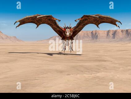 dragon is taking off on desert side view, 3d illustration Stock Photo ...