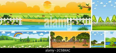 Set of different horizon scenes background with doodle kids cartoon ...