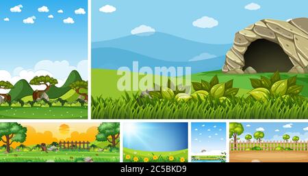 Set of different horizon scenes background with doodle kids cartoon ...