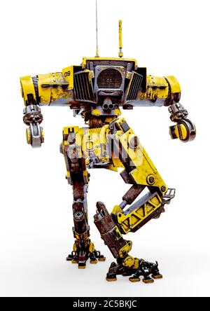 yellow combat mech in a white background bottom view, 3d illustration ...