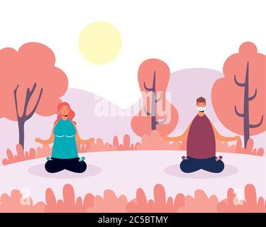 Couple practicing yoga at park illustration Stock Vector Image & Art ...