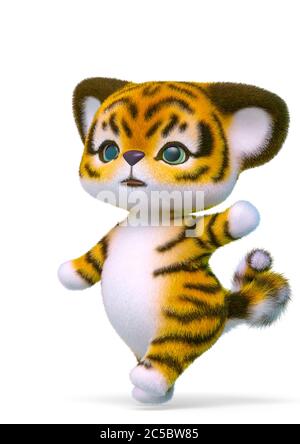 cute tiger cartoon passing by in white background, 3d illustration ...