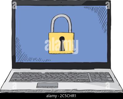 Sketch style illustration of laptop with safety lock on screen. Hand ...