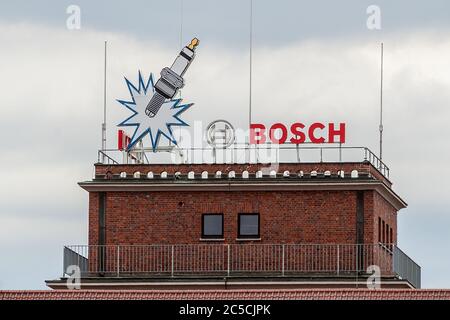 Bosch logo company sign on the wall. Bosch is a German multinational ...
