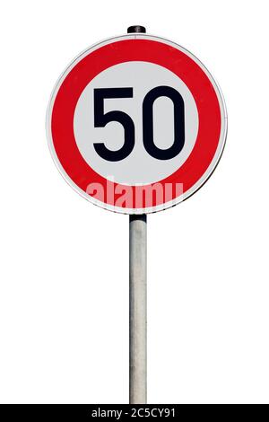 Traffic sign, speed limit of 50 km/h, illustration, 3D visualisation ...