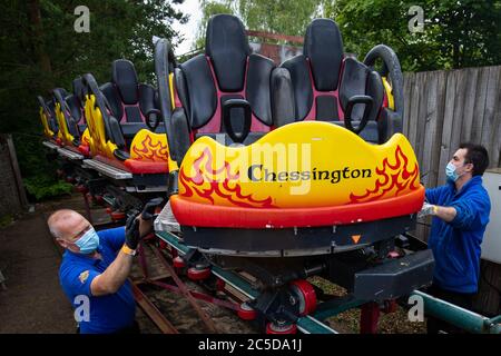 The ride Dragons Fury is checked ready for operation at Chessington ...