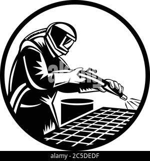 Black and white illustration of a sandblaster worker holding ...