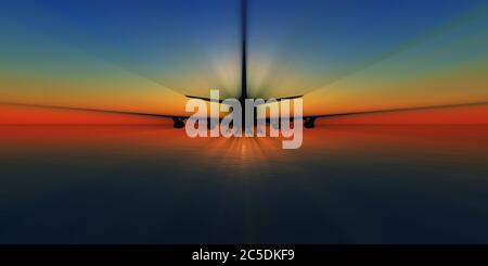 airplane in sunset gold sky, 3d rendering Stock Photo - Alamy