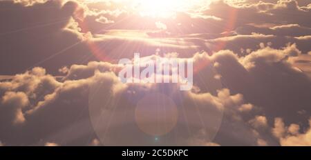fly above clouds sunset god ray, 3d render Stock Photo - Alamy