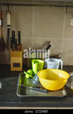 Clean dinnerware on light table, closeup Stock Photo - Alamy