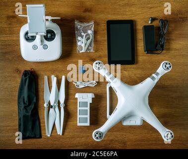 Flat lay composition with equipment for professional photographer on ...