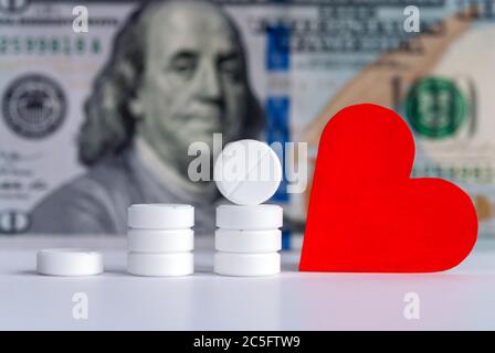 red pills on background of cash money, drug industry concept Stock ...