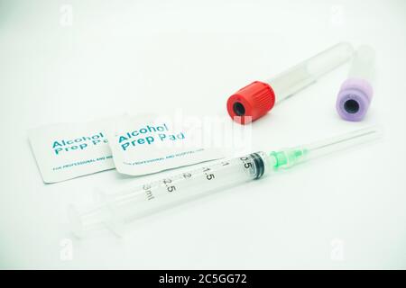 blood taking kit, empty syringe with needle, blood collection tube and ...