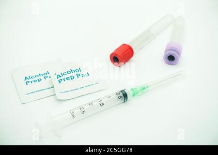 blood taking kit, empty syringe with needle, blood collection tube and ...