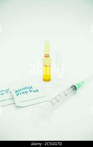 Medication ampoules for Intravenous injections on a wooden background ...