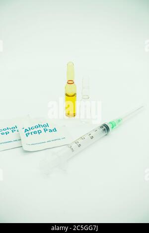 Medication ampoules for Intravenous injections on a wooden background ...