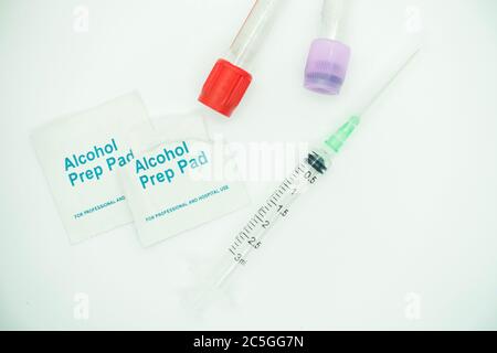 blood taking kit, empty syringe with needle, blood collection tube and ...
