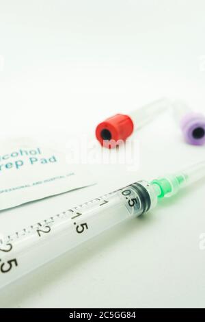 blood taking kit, empty syringe with needle, blood collection tube and ...