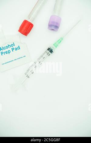 blood taking kit, empty syringe with needle, blood collection tube and ...