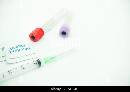 blood taking kit, empty syringe with needle, blood collection tube and ...