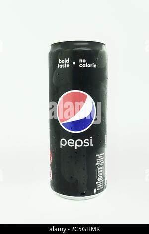 A can of pepsi black against isolated black background, a zero calories ...