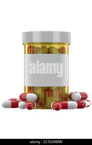 Yellow plastic phial filled with red and white pills isolated on white ...