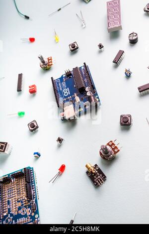 Micro eleectronics arduino DIY components on a light background, top ...