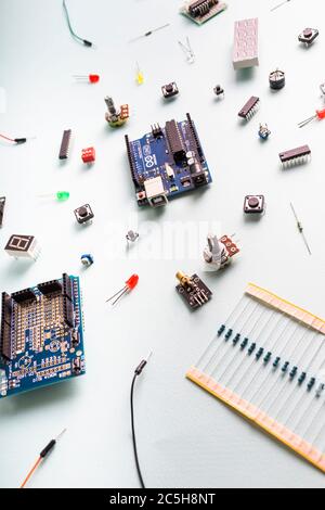 Micro eleectronics arduino DIY components on a light background, top ...
