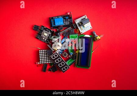 Micro electronics arduino DIY components on a light background, top ...