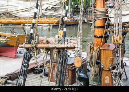 Closeup shot of mooring, mast and sails on historic sailing boat Stock ...