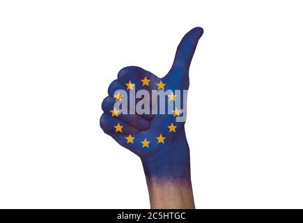 European Quality. Human Hand With Painted Europe Union Flag Gesturing ...