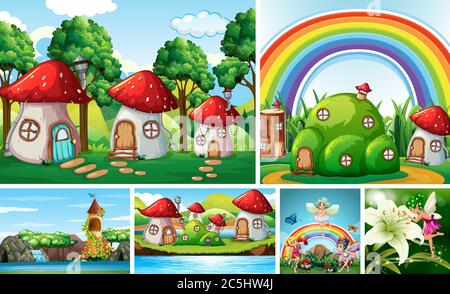 Six different scene of fantasy world with fantasy places and fantasy ...
